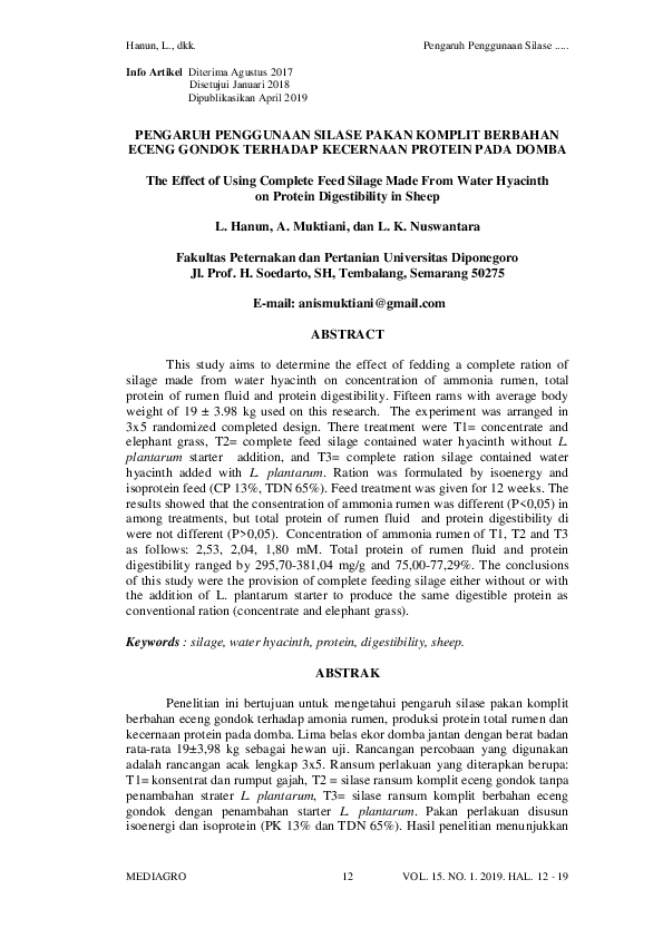 (PDF) Pengaruh Penggunaan Silase Pakan Komplit Berbahan Eceng Gondok Terhadap Kecernaan Protein ...