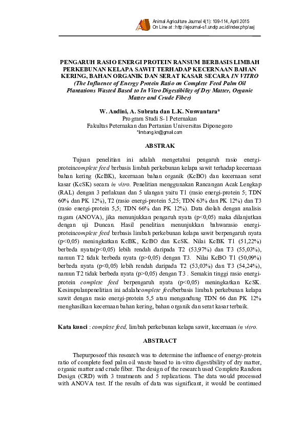 (PDF) PENGARUH RASIO ENERGI PROTEIN RANSUM BERBASIS LIMBAH PERKEBUNAN KELAPA SAWIT TERHADAP ...