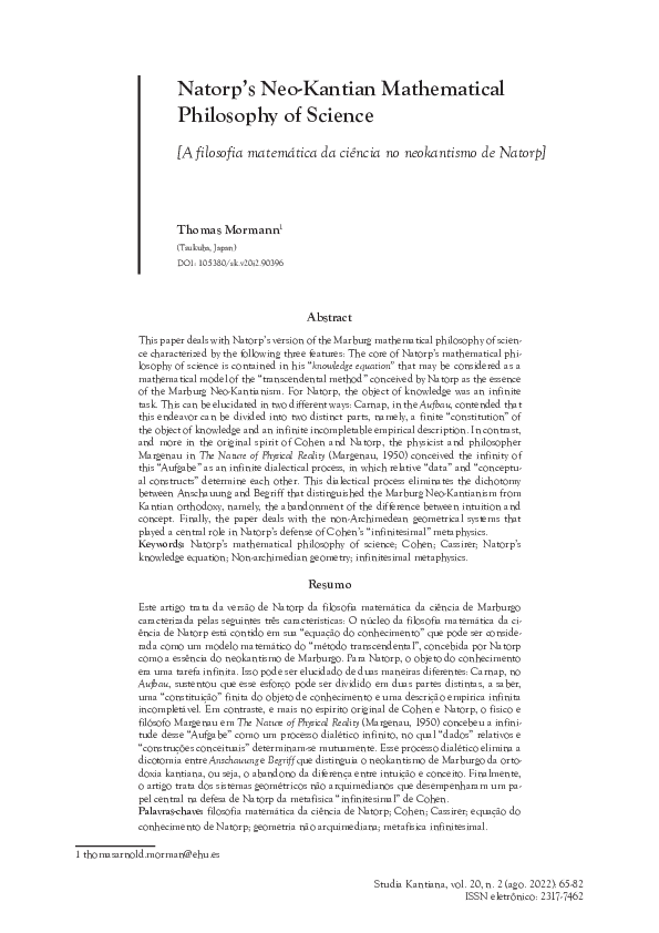 (PDF) Natorp’s Neo-Kantian Mathematical Philosophy of Science