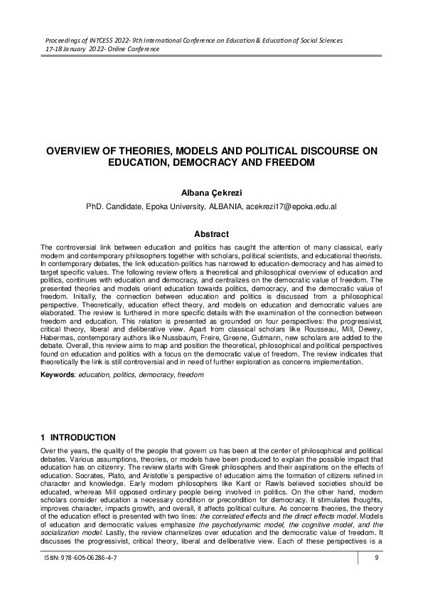 (PDF) Overview of Theories, Models and Political Discourse on Education, Democracy and Freedom
