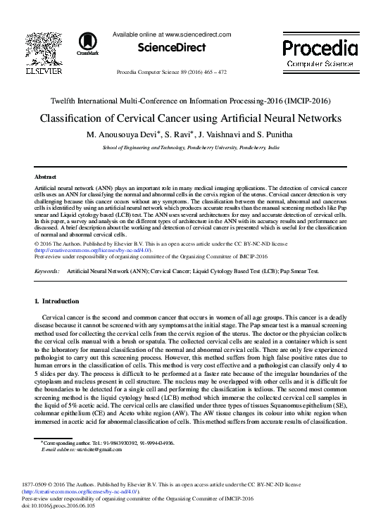 (PDF) Classification of Cervical Cancer Using Artificial Neural Networks