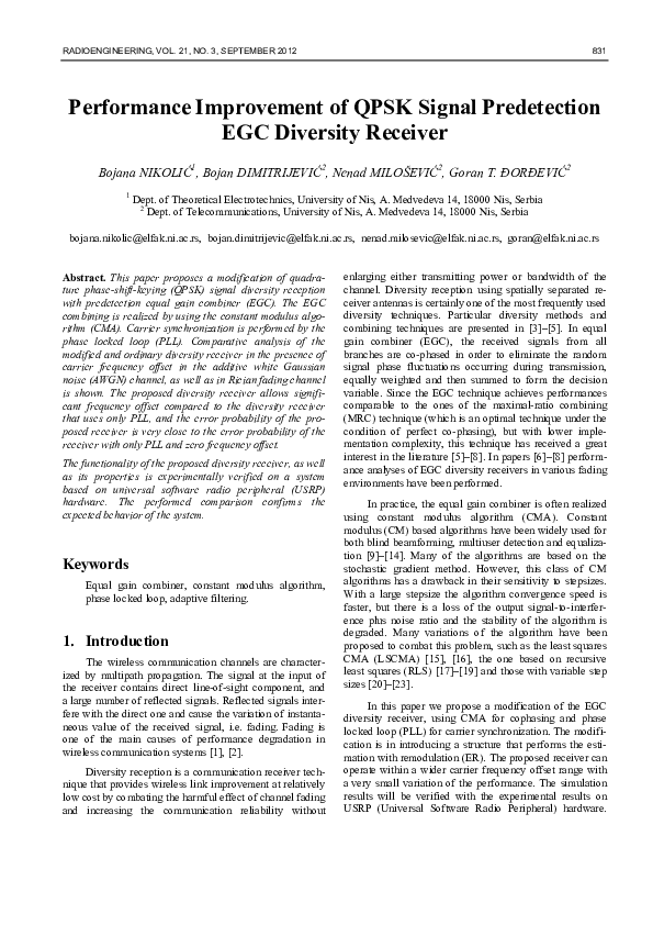 (PDF) Performance of MPSK signal predetection EGC diversity receiver