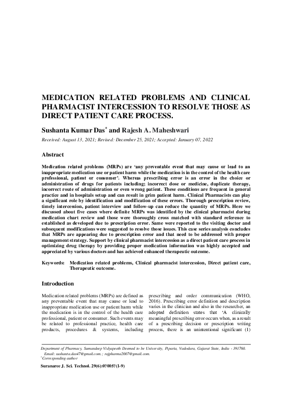 (PDF) MEDICATION RELATED PROBLEMS AND CLINICAL PHARMACIST INTERCESSION ...