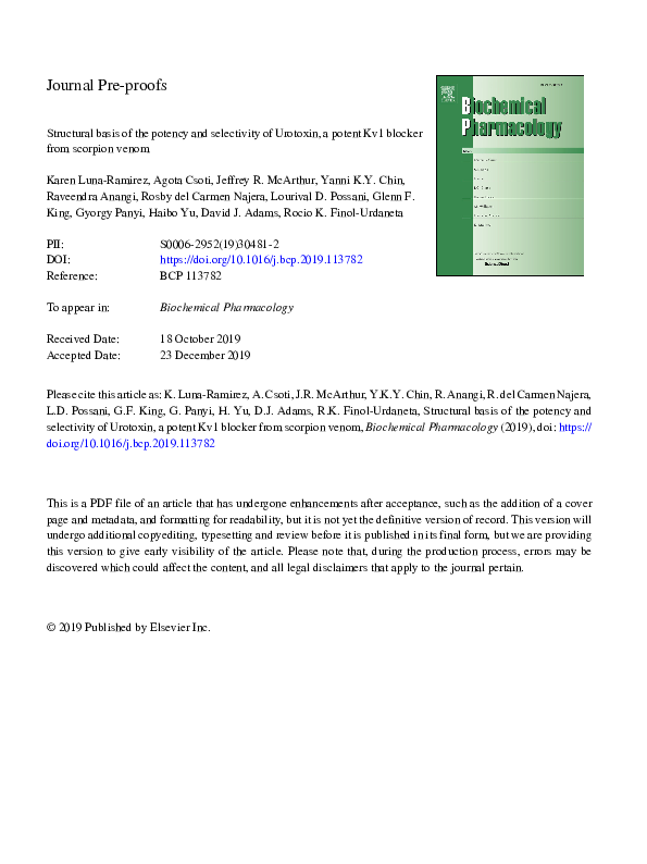 (PDF) Structural basis of the potency and selectivity of Urotoxin, a ...