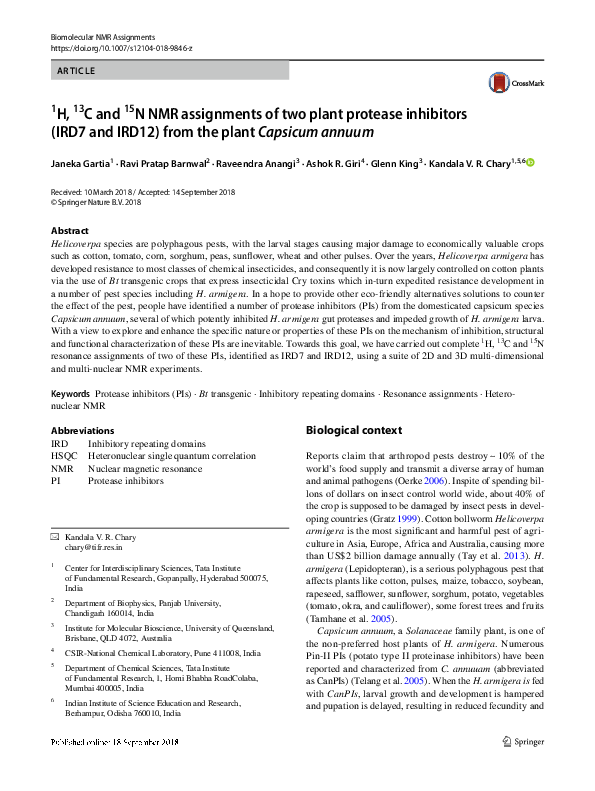 (PDF) 1H, 13C and 15N NMR assignments of two plant protease inhibitors (IRD7 and IRD12) from the ...