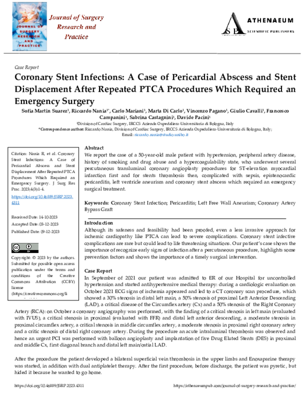 (PDF) Coronary Stent Infections: A Case of Pericardial Abscess and ...