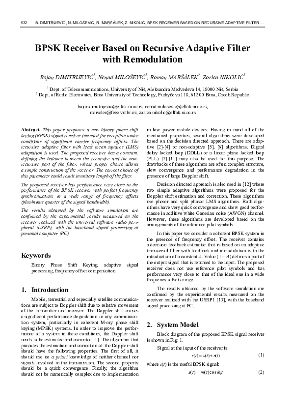(PDF) BPSK Receiver Based on Recursive Adaptive Filter with Remodulation