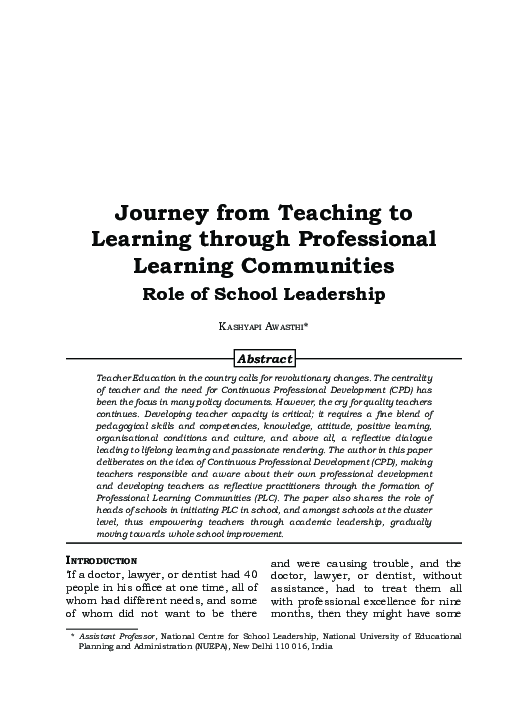 (PDF) Journey from Teaching to Learning through Professional Learning ...