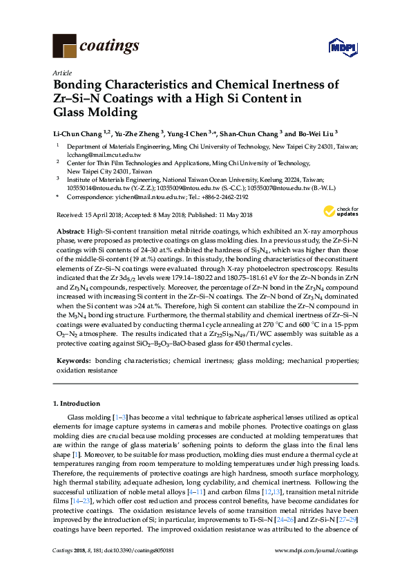 Bonding Characteristics and Chemical Inertness of Zr–Si–N Coatings with ...