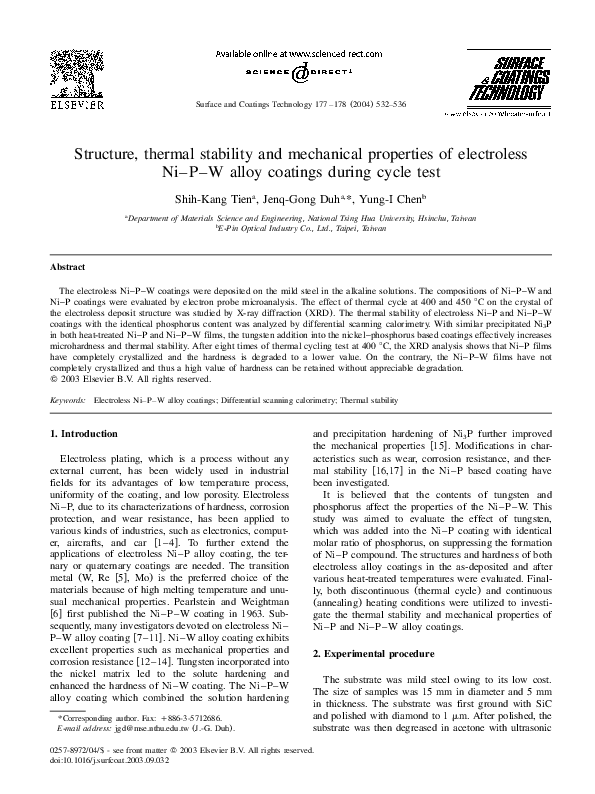 (PDF) Structure, thermal stability and mechanical properties of electroless Ni–P–W alloy ...
