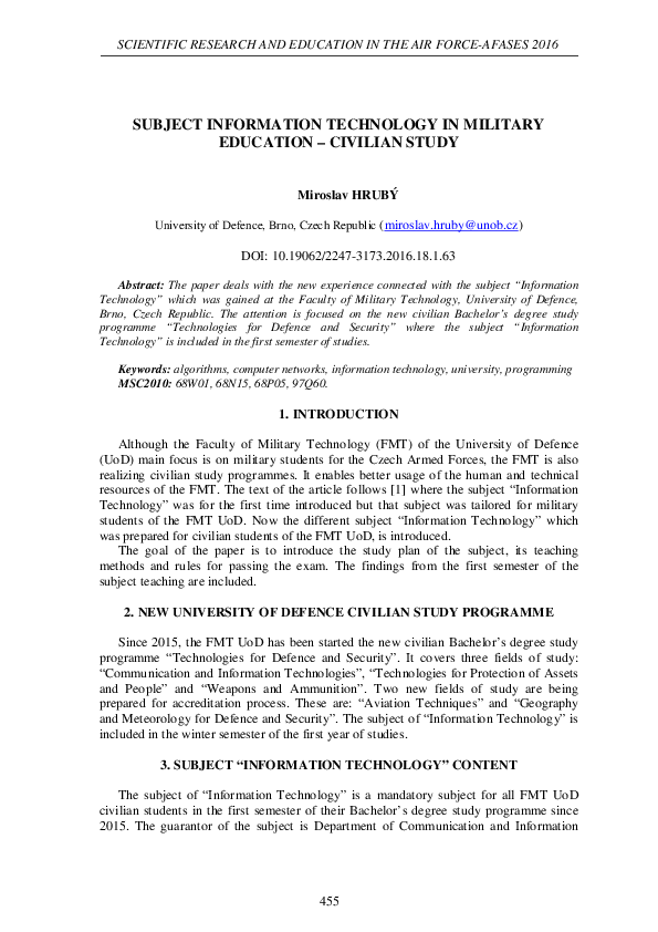 (PDF) Subject Information Technology in Military Education – Civilian Study