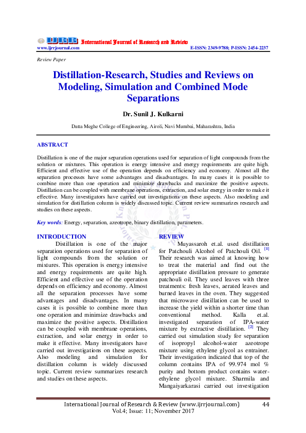 (PDF) Distillation-Research, Studies and Reviews on Modeling ...