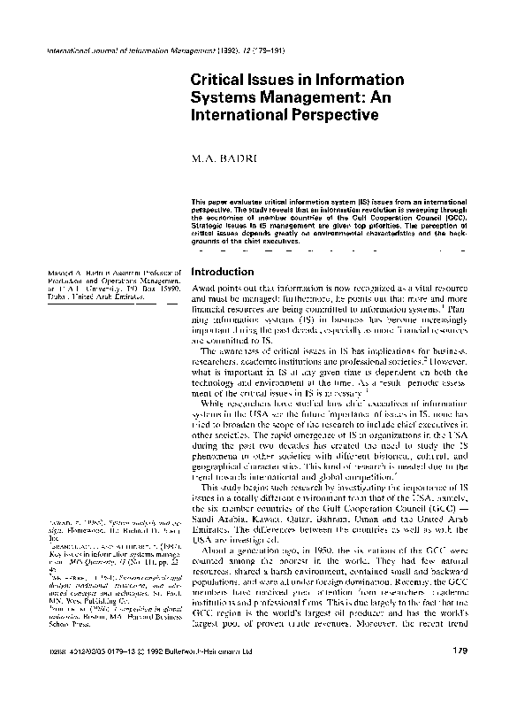 (PDF) Critical issues in information systems management: An ...