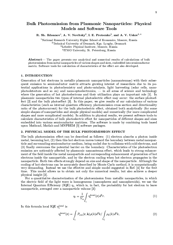 (PDF) Bulk photoemission from plasmonic nanoparticles: Physical models ...