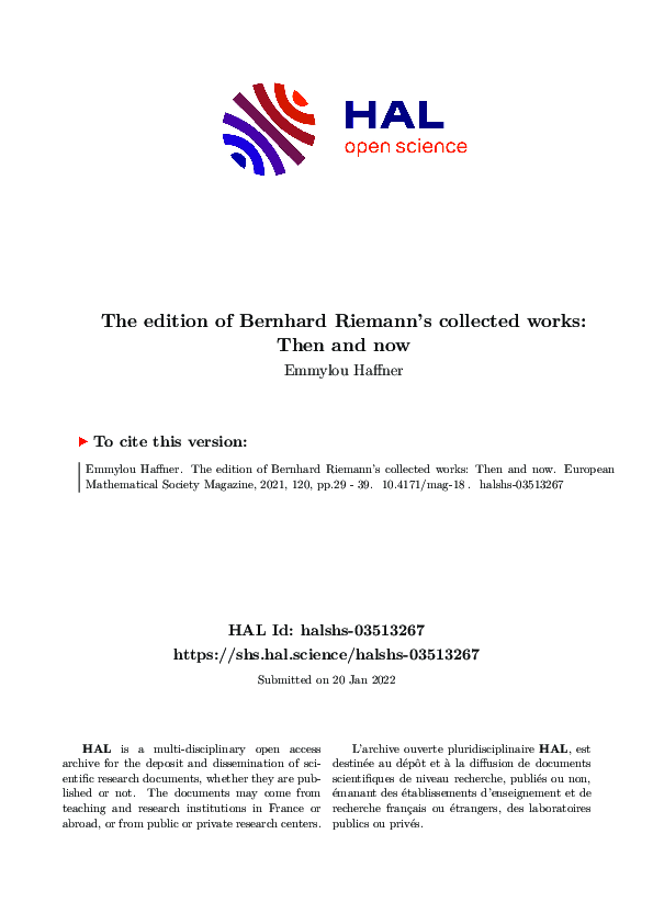 (PDF) The edition of Bernhard Riemann’s collected works: Then and now