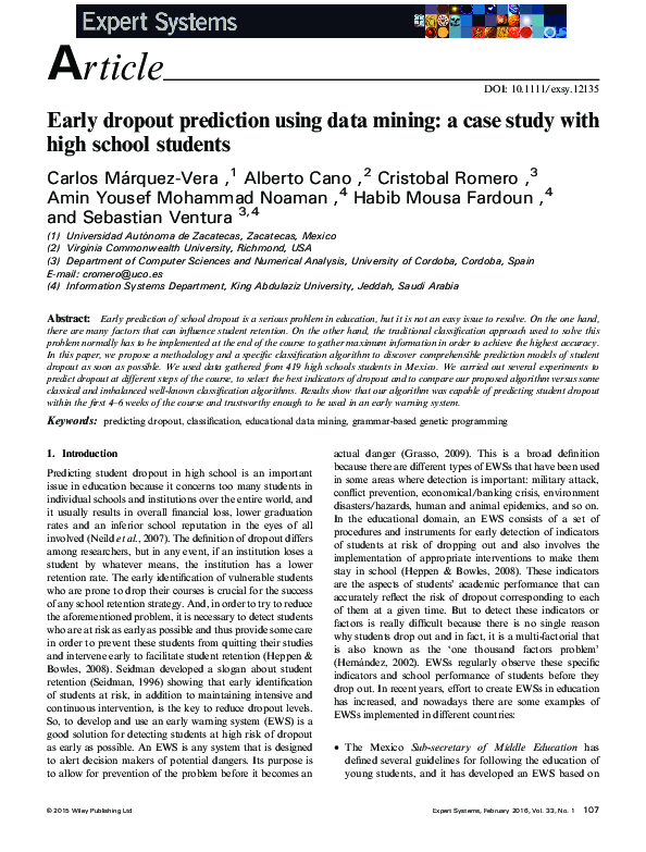 (PDF) Early dropout prediction using data mining: a case study with high school students ...