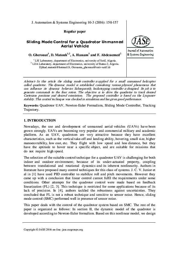 (PDF) Sliding Mode Control for a Quadrotor Unmanned Aerial Vehicle