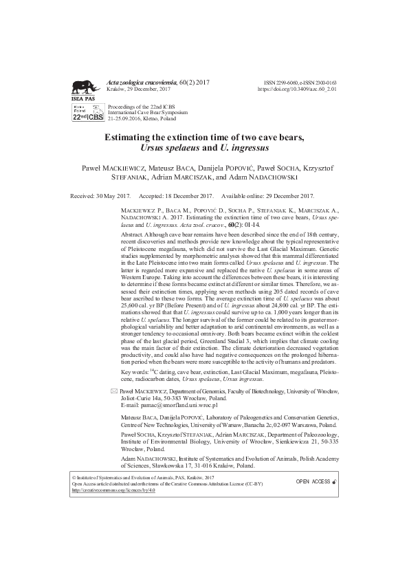 (PDF) Estimating the extinction time of two cave bears, Ursus spelaeus ...