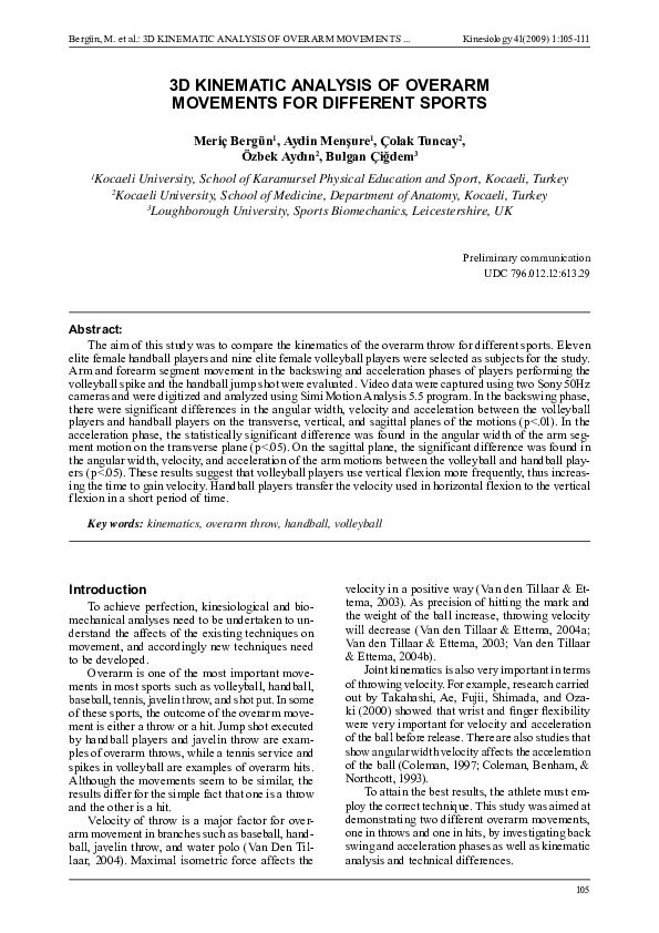 (PDF) 3D Kinematic Analysis of Overarm Movements for Different Sports