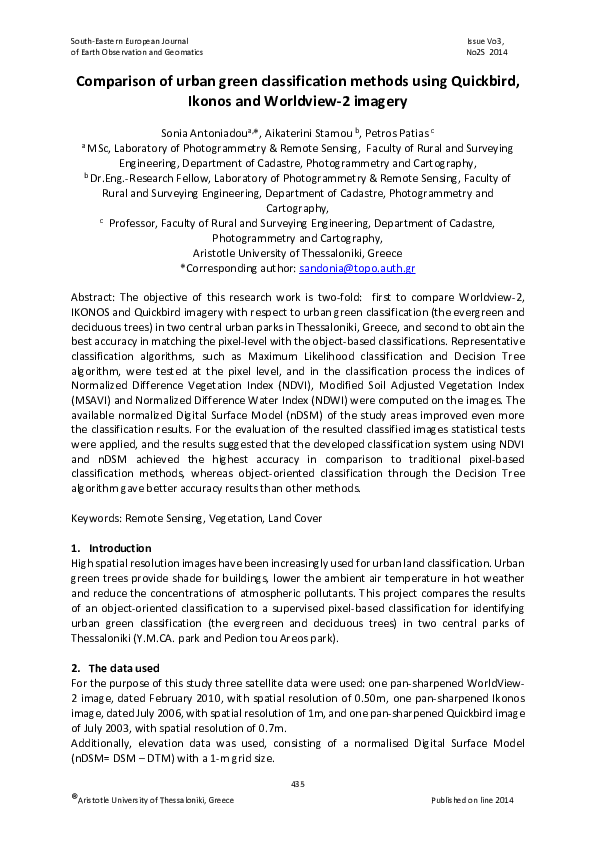 (PDF) Comparison of urban green classification methods using Quickbird, Ikonos and Worldview-2 ...