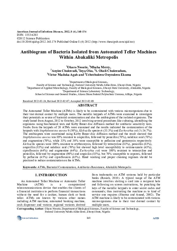 (PDF) Antibiogram of Bacteria Isolated from Automated Teller Machines ...