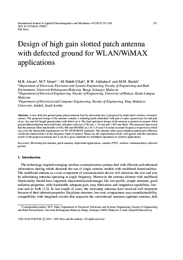 (PDF) Design of high gain slotted patch antenna with defected ground for WLAN/WiMAX applications