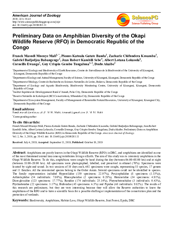 (PDF) Preliminary Data on Amphibian Diversity of the Okapi Wildlife ...