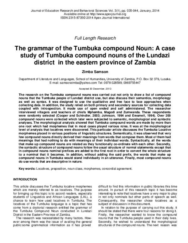 (PDF) The grammar of the Tumbuka compound Noun: A case study of Tumbuka ...