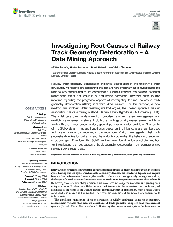 Pdf Investigating Root Causes Of Railway Track Geometry Deterioration A Data Mining Approach