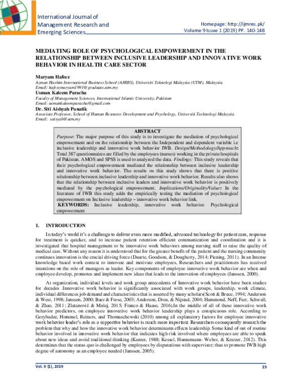 (PDF) Mediating Role of Psychological Empowerment in the Relationship Between Inclusive ...