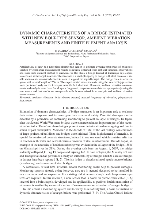 Pdf Dynamic Characteristics Of A Bridge Estimated With New Bolt Type Sensor Ambient Vibration