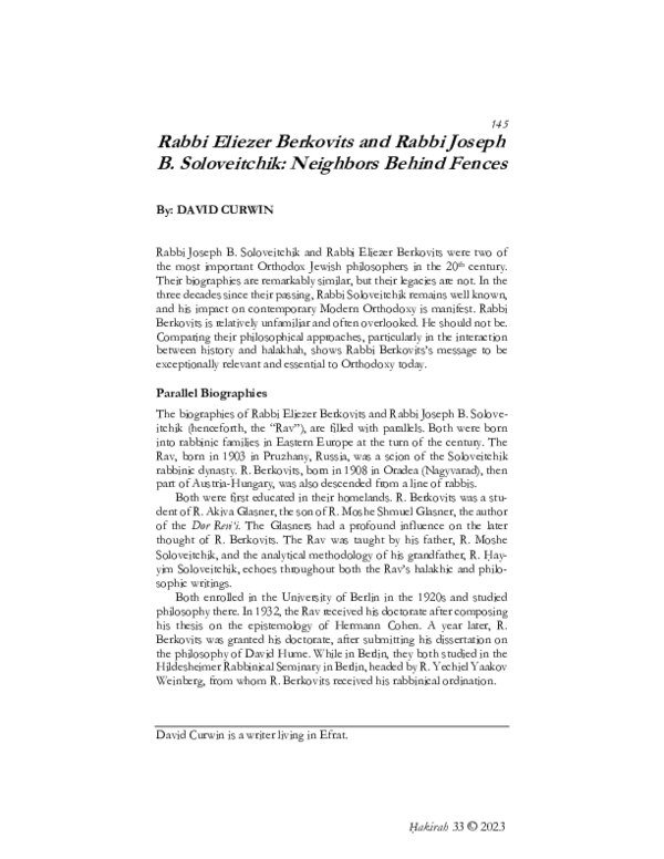 (PDF) Rabbi Eliezer Berkovits and Rabbi Joseph B. Soloveitchik ...