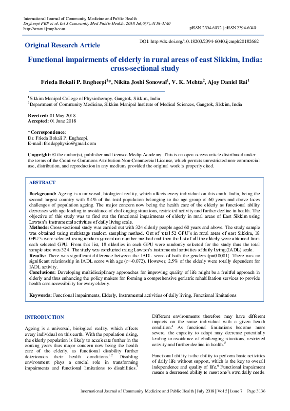 (PDF) Functional impairments of elderly in rural areas of east Sikkim ...