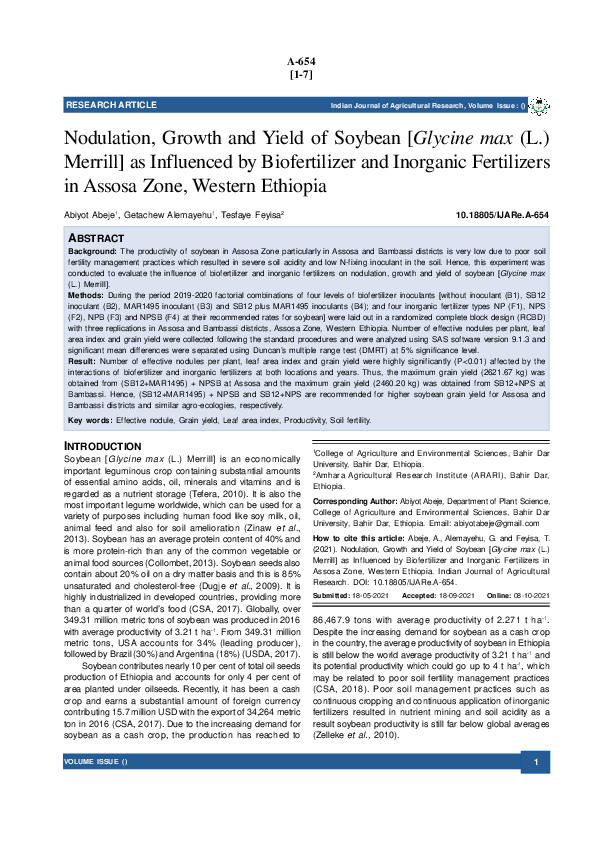 (PDF) Nodulation, Growth and Yield of Soybean [Glycine max (L.) Merrill] as Influenced by ...