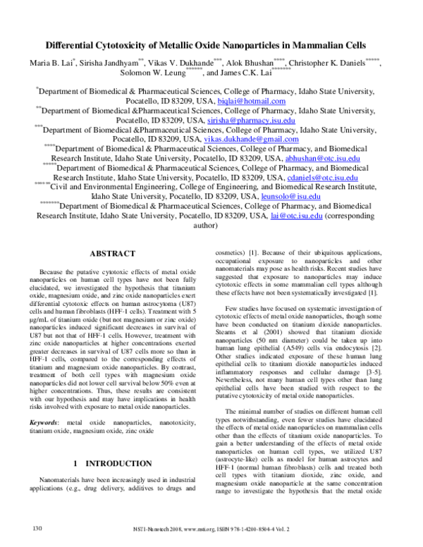 (PDF) Differential Cytotoxicity of Metallic Oxide Nanoparticles in ...