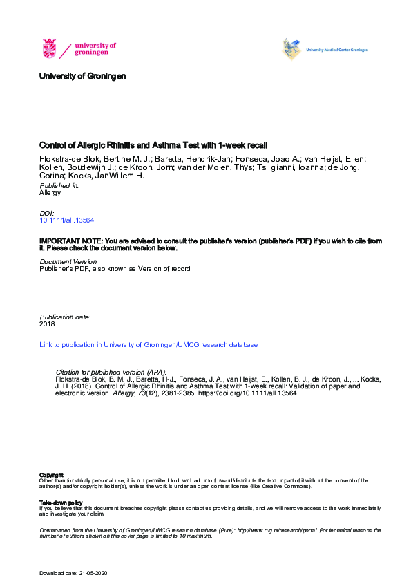 (PDF) Control of Allergic Rhinitis and Asthma Test with 1-week recall ...