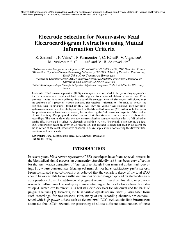 (PDF) Electrode Selection for Noninvasive Fetal Electrocardiogram Extraction using Mutual ...