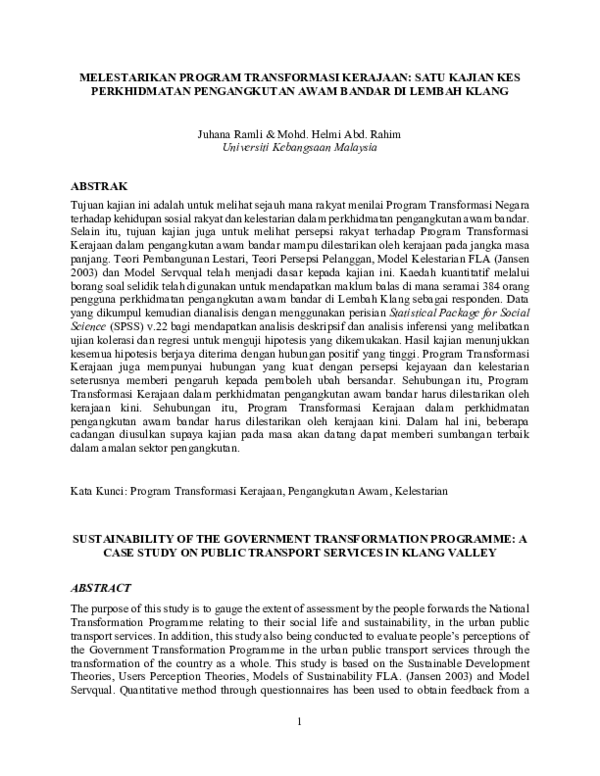 (PDF) MELESTARIKAN PROGRAM TRANSFORMASI KERAJAAN: SATU KAJIAN KES PERKHIDMATAN PENGANGKUTAN AWAM ...