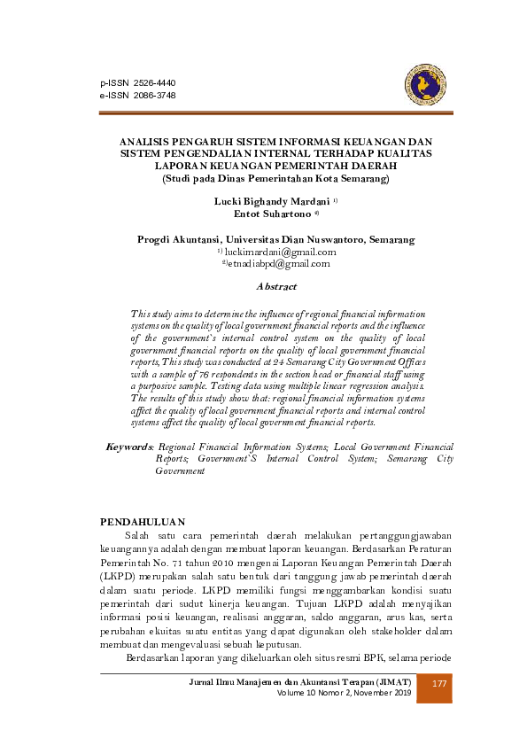 (PDF) Analisis Pengaruh Sistem Informasi Keuangan Dan Sistem Pengendalian Internal Terhadap ...