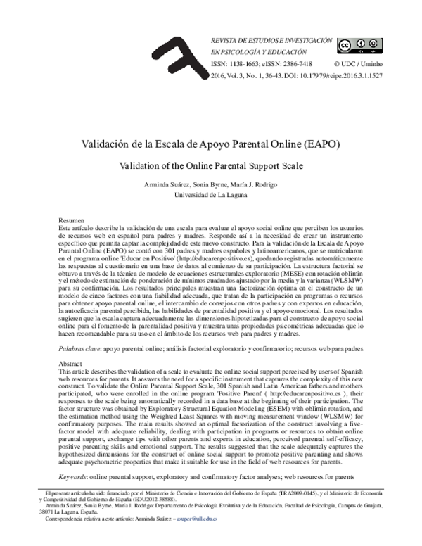 (PDF) Validación de la Escala de Apoyo Parental Online (EAPO ...