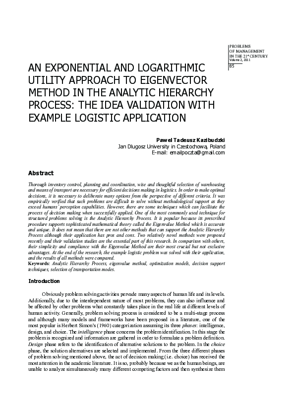 (PDF) An Exponential and Logarithmic Utility Approach to Eigenvector Method in the Analytic ...