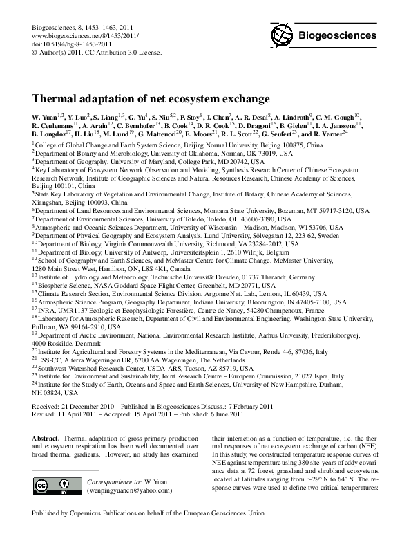 (PDF) Thermal adaptation of net ecosystem exchange