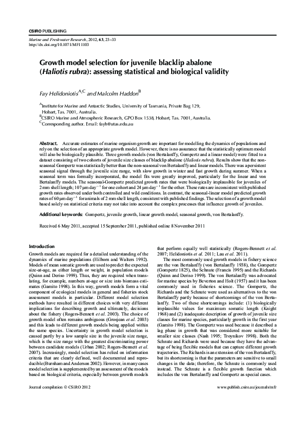(PDF) Growth model selection for juvenile blacklip abalone (Haliotis rubra): assessing ...