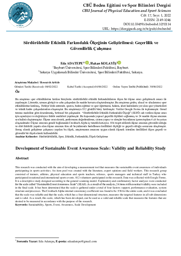 (PDF) Development of Sustainable Event Awareness Scale: Validity and Reliability Study