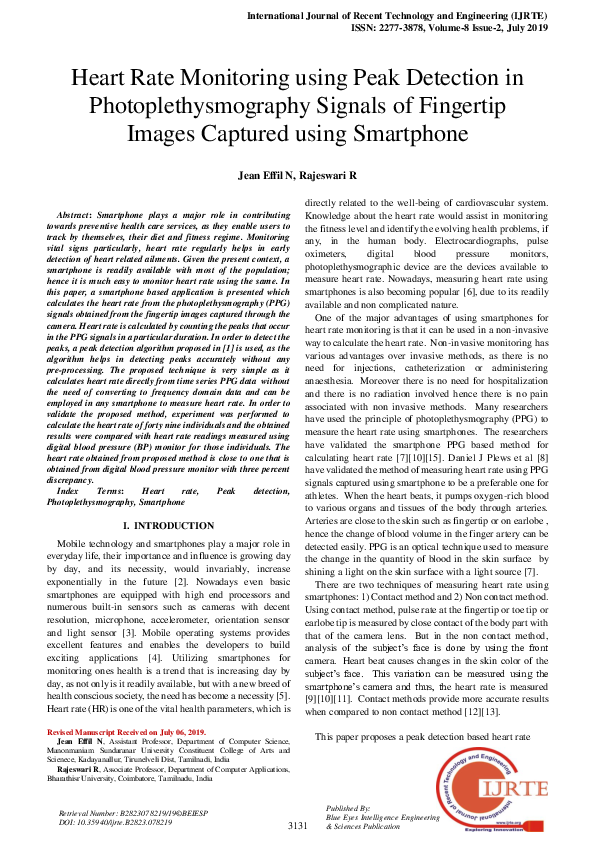 Pdf Heart Rate Monitoring Using Peak Detection In Photoplethysmography Signals Of Fingertip