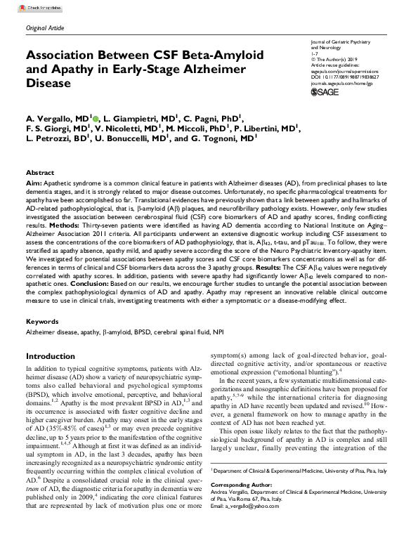 (PDF) Association Between CSF Beta-Amyloid and Apathy in Early-Stage ...