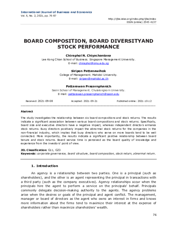 (PDF) Board Composition, Board Diversity and Stock Performance