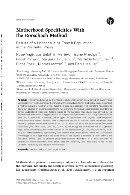 (PDF) Motherhood Specificities With the Rorschach Method