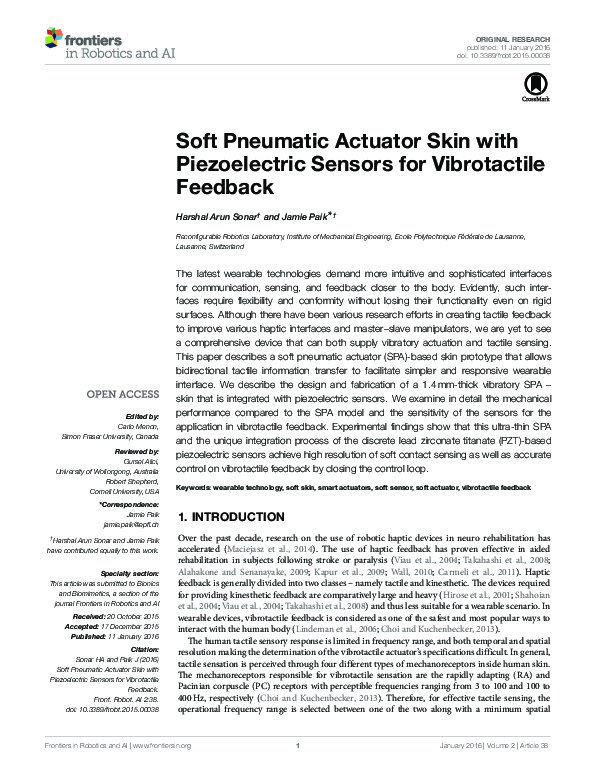 (PDF) Soft Pneumatic Actuator Skin with Piezoelectric Sensors for Vibrotactile Feedback ...
