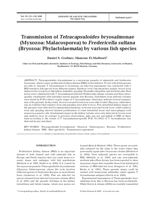 (PDF) Transmission of Tetracapsuloides bryosalmonae (Myxozoa ...